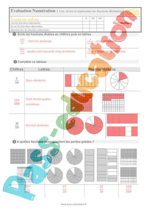 Lire, écrire et représenter des fractions décimales – Evaluation pour ...