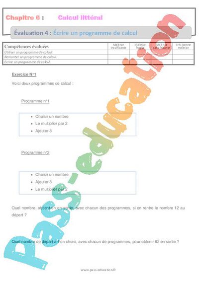 Programme de calcul – 5ème – Calcul littéral – Evaluation, bilan, contrôle avec la correction ...