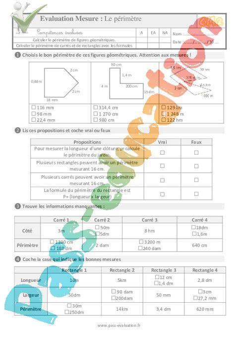 Le périmètre au CM2 – Evaluation: QCM – Quiz – PDF à imprimer par Pass ...