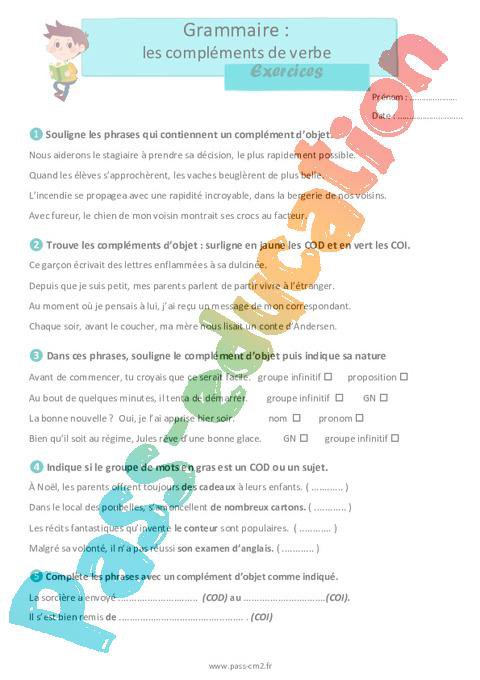 Les compléments de verbe (COD, le COI) – Exercices de grammaire pour le ...
