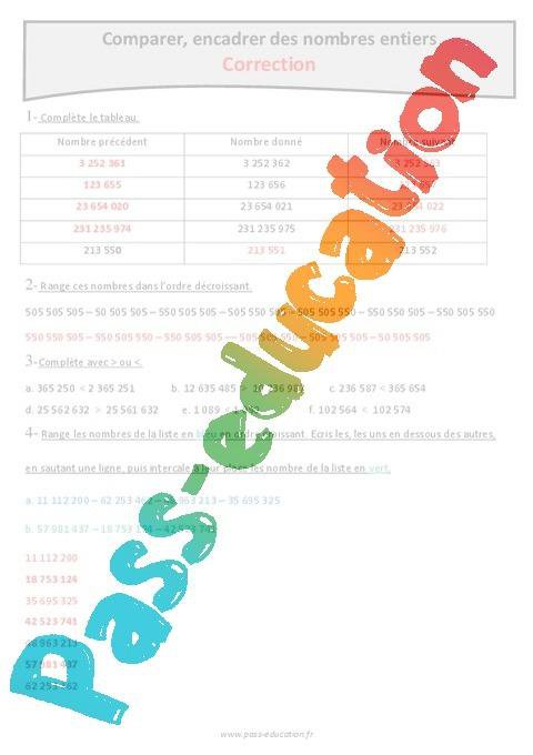 Comparer, encadrer des nombres entiers – Cm1 – Exercices avec ...