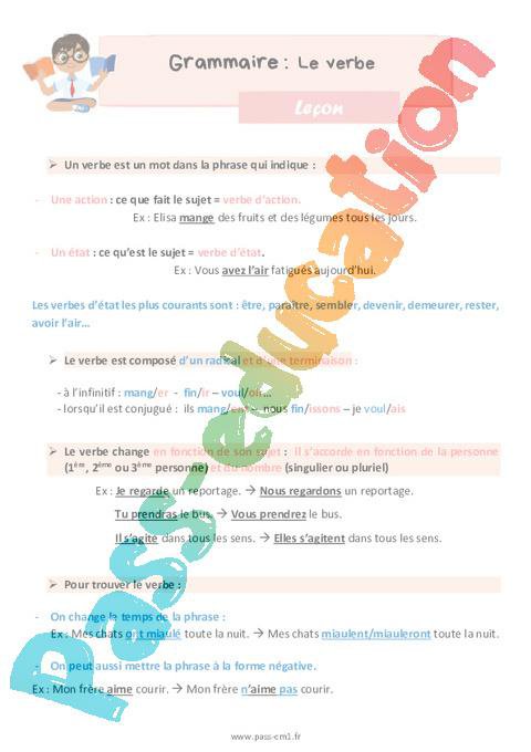 Le verbe – Leçon de grammaire pour le cm1 – Cycle 3 – PDF à imprimer ...