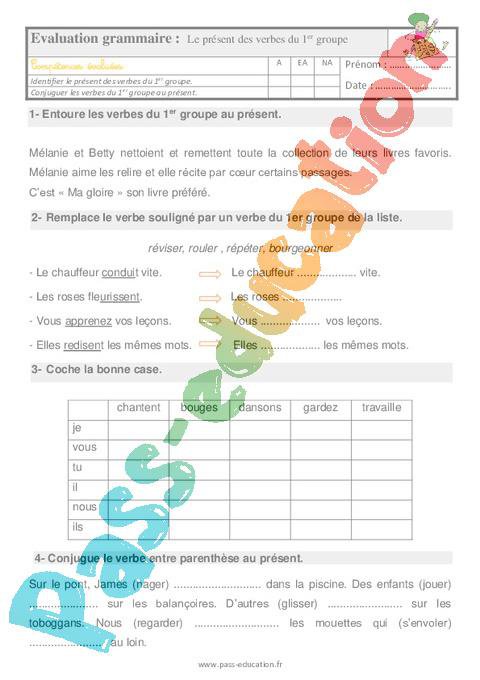 Présent des verbes en -er – Ce1 – Étude de la langue – Evaluation avec les corrigés – PDF à ...