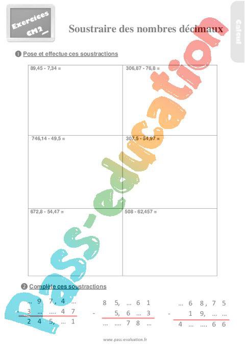 Bilan pour le CM2 – Soustraction des nombres décimaux – Evaluation avec ...