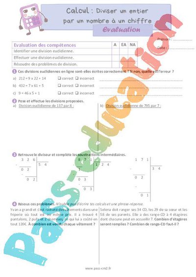 Diviser un nombre entier par un nombre à un chiffre – Évaluation de ...