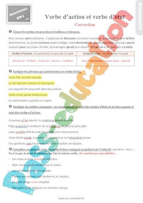 Evaluation avec le corrigé pour le Cm1 sur le verbe d’action et verbe d ...