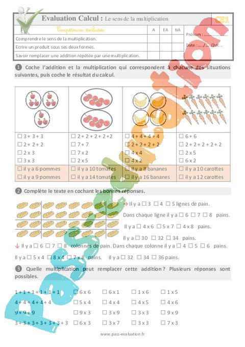 Le sens de la multiplication au CE1 – Evaluation: QCM – Quiz – Cycle 2 – PDF à imprimer par Pass ...