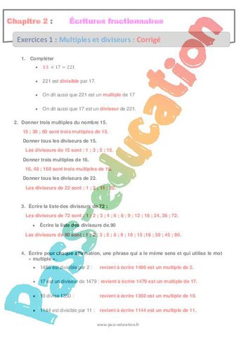 Multiples et diviseurs – 5ème – Révisions – Exercices avec correction ...