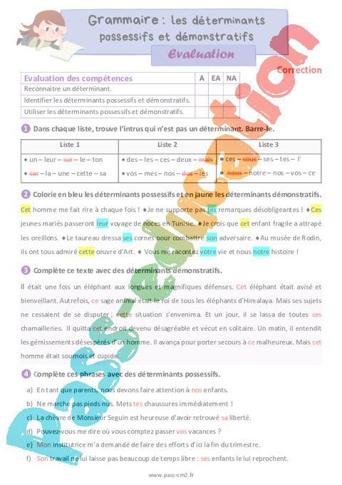 Les déterminants possessifs et démonstratifs – Évaluation de grammaire ...