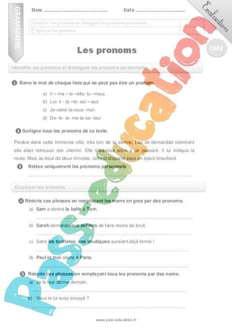 Les pronoms – CM2 – Evaluation – Bilan – PDF à imprimer par Pass ...