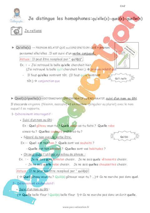 Comment distinguer les homophones: qu’elle(s)-quel(s)-quelle(s) – Cm2 ...