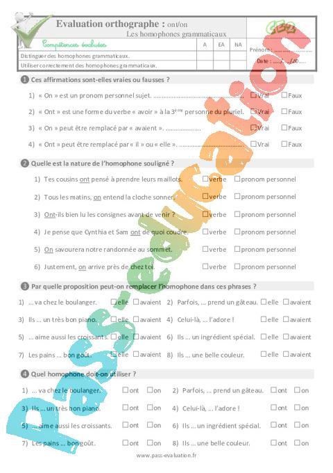 Les homophones grammaticaux ont/on au CE2 – Evaluation: QCM – Quiz ...