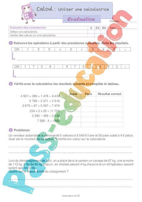 Utiliser une calculatrice – Évaluation de calcul pour le ce2 – PDF à ...