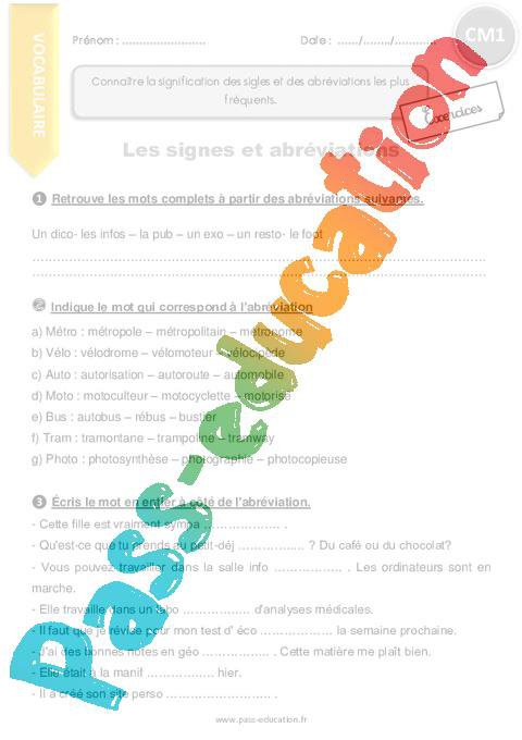 Signes et abréviations – Exercices avec correction – CM1 – PDF à ...