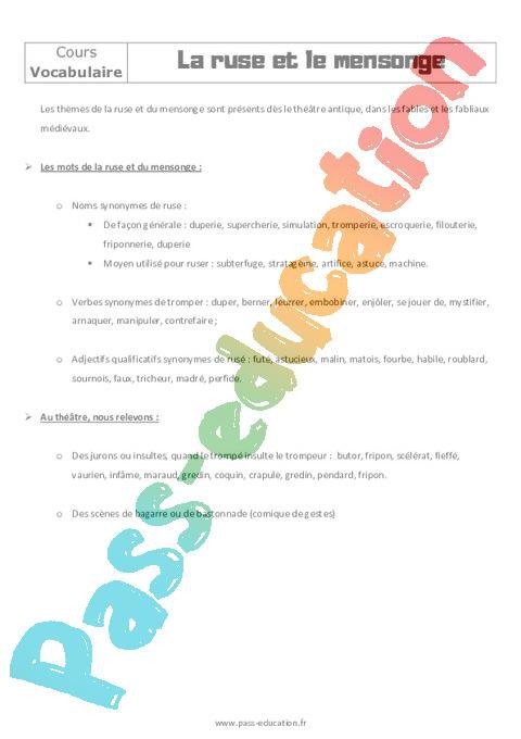 La ruse et le mensonge – 6ème – Cours – Cycle 3 – PDF à imprimer par ...