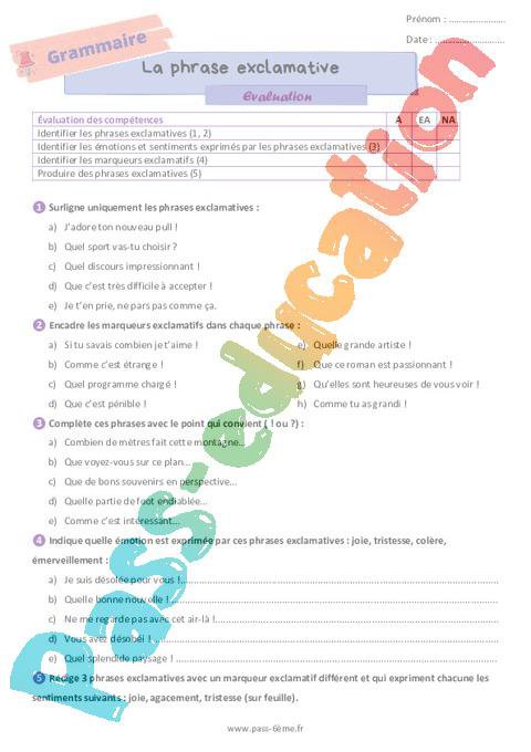 La phrase exclamative – Evaluation de grammaire pour la 6ème – PDF à ...