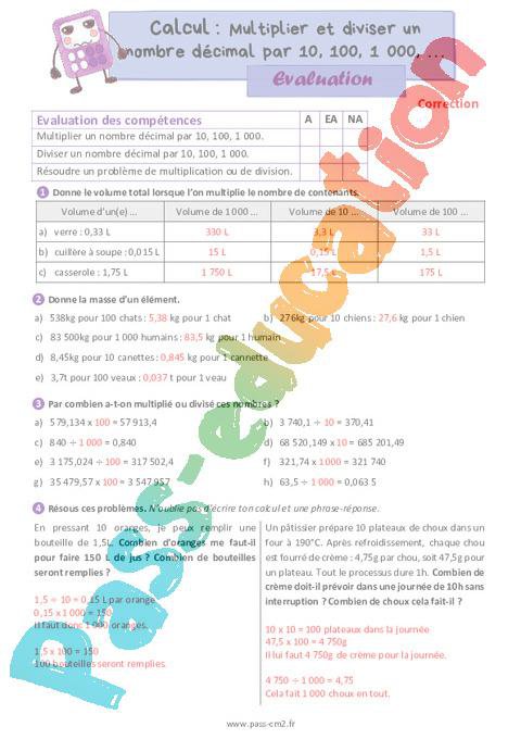 Multiplier et diviser un nombre décimal par 10, 100, 1 000 – Évaluation ... Multiplier et diviser un nombre décimal par 10, 100, 1 000 – Évaluation ...