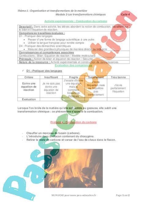 Combustion du carbone – 4ème – Activité expérimentale avec les corrections – Cycle 4 – PDF à ...