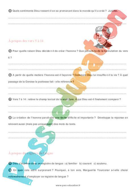 La création de Marguerite Yourcenar – 6ème – Lecture – Cycle 3 – PDF à ...