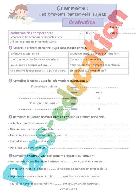 Les pronoms personnels sujets – Évaluation grammaire pour le ce2 – PDF ...