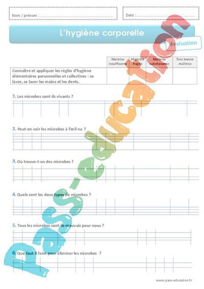 Hygiène corporelle – Cp – Ce1 – Ce2 – Evaluation- EMC par Pass-education.fr - jenseigne.fr