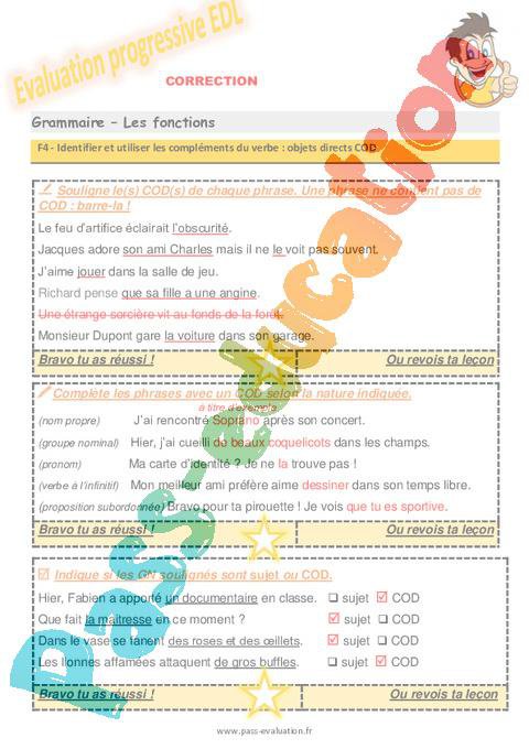 Les compléments du verbe : objets directs COD au CM2 – Evaluation ...