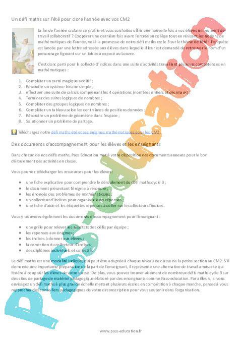 Défi maths cycle 3 : toutes les ressources par Pass-education.fr ...