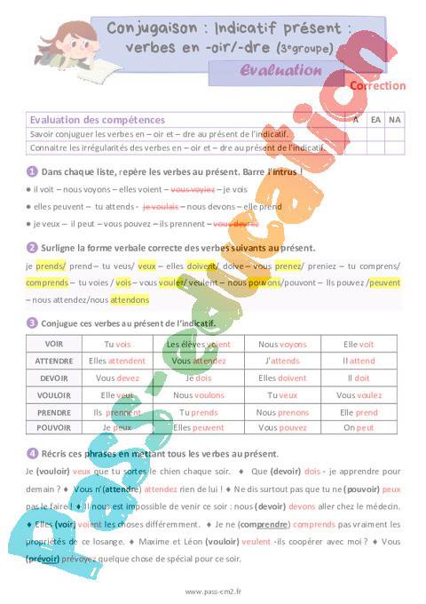Indicatif présent: verbes en -oir/-dre (3e groupe) – Évaluation de ...