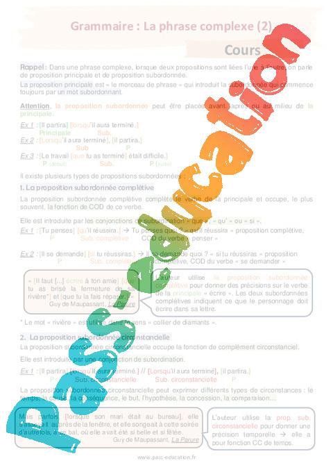 La phrase complexe (2) – 4ème – Séquence complète – PDF à imprimer par Pass-education.fr ...