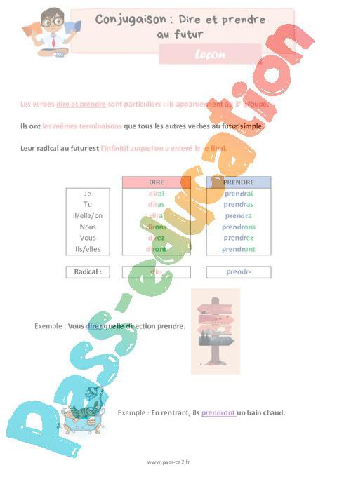 Dire et prendre au futur – Leçon de conjugaison pour le ce2 – PDF à ...