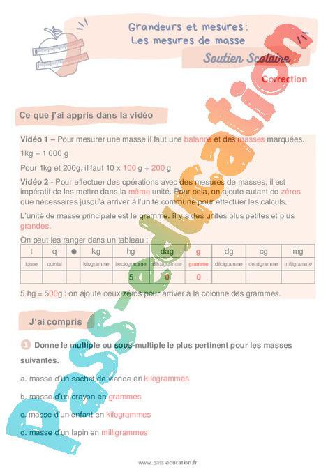 Les mesures de masse – CM1 – Soutien scolaire pour les élèves en ...