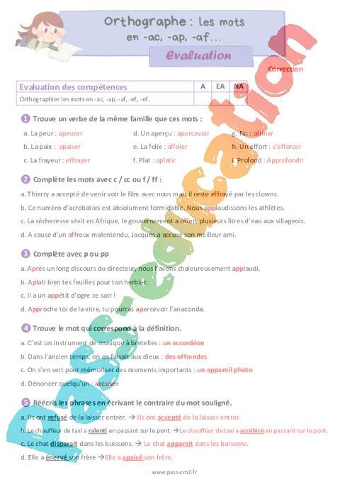 Les mots en ac, ap, af – Évaluation d’orthographe pour le cm2 – PDF à ...