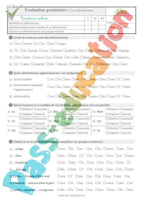 Les déterminants au CE2 – Evaluation: QCM – Quiz – PDF à imprimer par ...