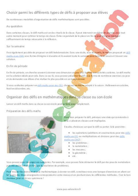 Défi maths : mise en place efficace par Pass-education.fr - jenseigne.fr