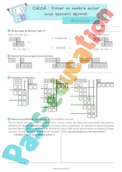 Diviser un entier avec un quotient décimal – Exercices de calcul pour ...