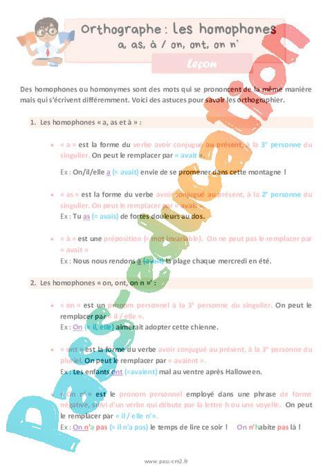 Les homophones a, as, à / on, ont, on n’ – Leçon d’orthographe pour le ...
