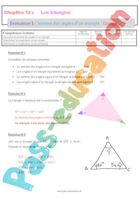 Somme des angles d’un triangle – 5ème – Evaluation, bilan, contrôle ...