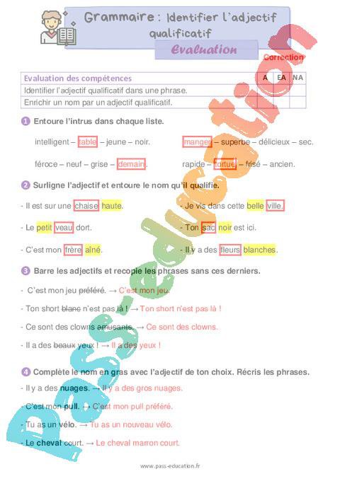 Identifier l’adjectif qualificatif – Évaluation pour le ce1 – PDF à ...
