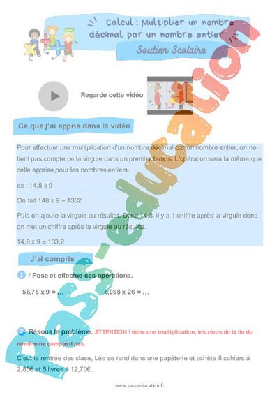 Multiplier un nombre décimal par un nombre entier – Cm2 – Soutien ...