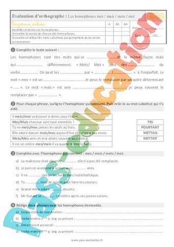 Bilan sur les homophones grammaticaux : mes / mais / mets / met au CM2 ...