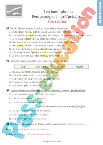 Les homophones : peu/peux/peut – pré/près/prêt au Cm2 – Exercices ...
