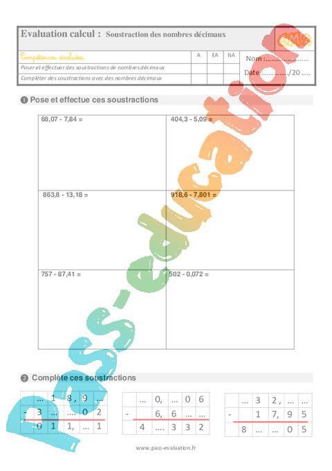 Bilan pour le CM2 – Soustraction des nombres décimaux – Evaluation avec ...
