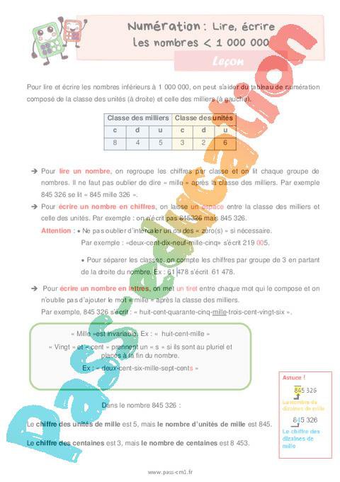 Lire, écrire les nombres inférieur à 1 000 000 – Leçon de numération ...