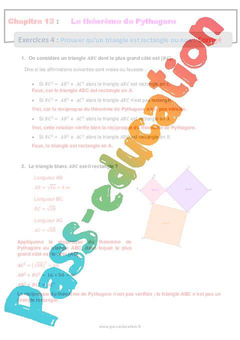 Prouver qu’un triangle est rectangle ou non – 4ème – Révisions – Exercices avec correction sur ...