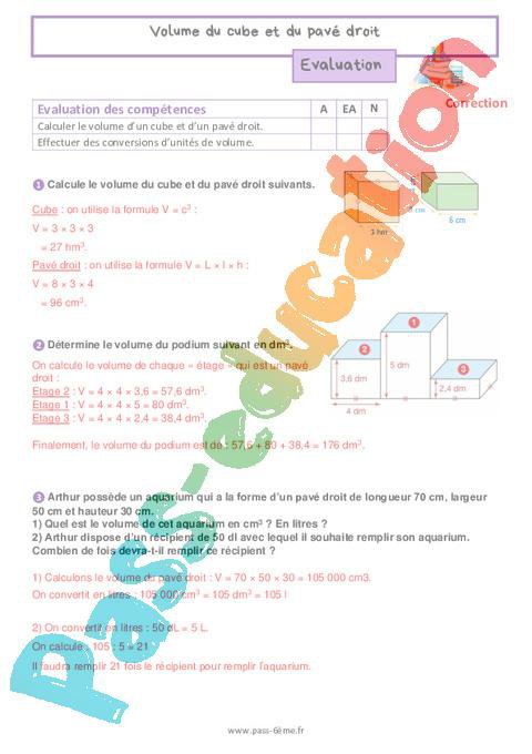 Volume du cube et du pavé droit – Evaluation de géométrie pour la 6ème – PDF à imprimer par Pass ...