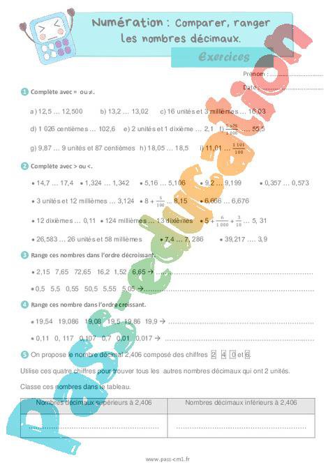 Comparer, ranger les nombres décimaux – Exercices de numération pour le ...