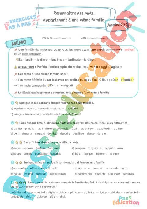 Reconnaître des mots appartenant à une même famille – CM2 – Exercices ...