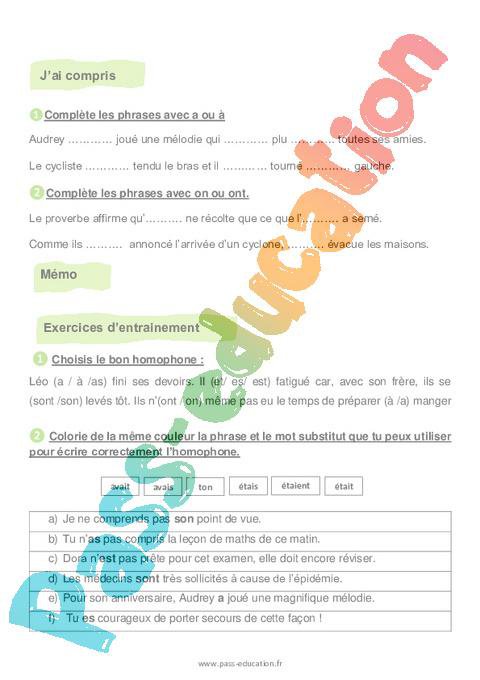 Les homophones : a, as, à / es, est, et / on, ont / sont, son – CM2 ...