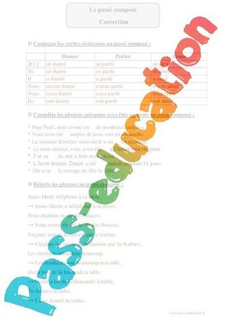 Passé composé – Cm1 – Exercices corrigés – Conjugaison – Cycle 3 – PDF ...