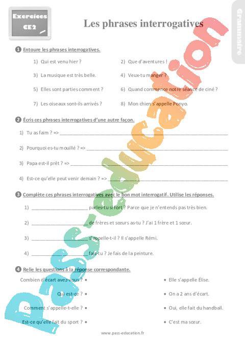 Les phrases interrogatives – Ce2 – Exercices, révisions – Cycle 2 – PDF ...
